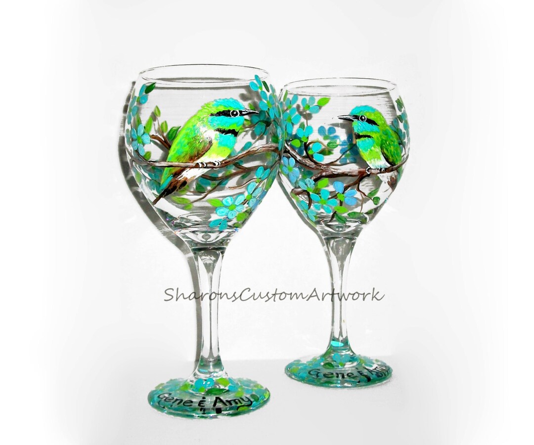 Hummingbirds and Flower Blossoms Hand Painted Wine Glass 2 -20 Oz. Wine ...