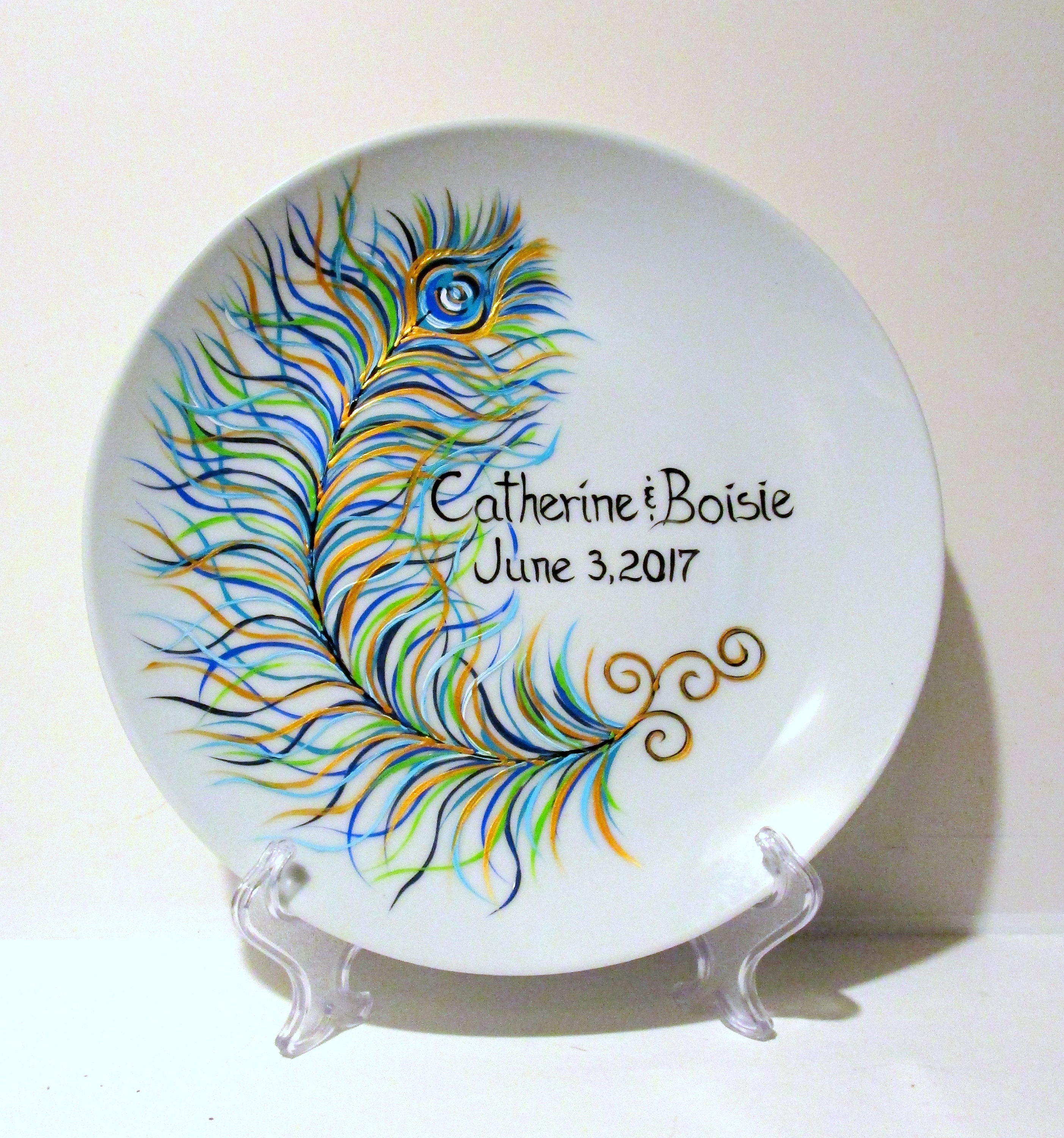 Handpainted Wedding Plate Hand Painted Peacock Feathers Personalized ...