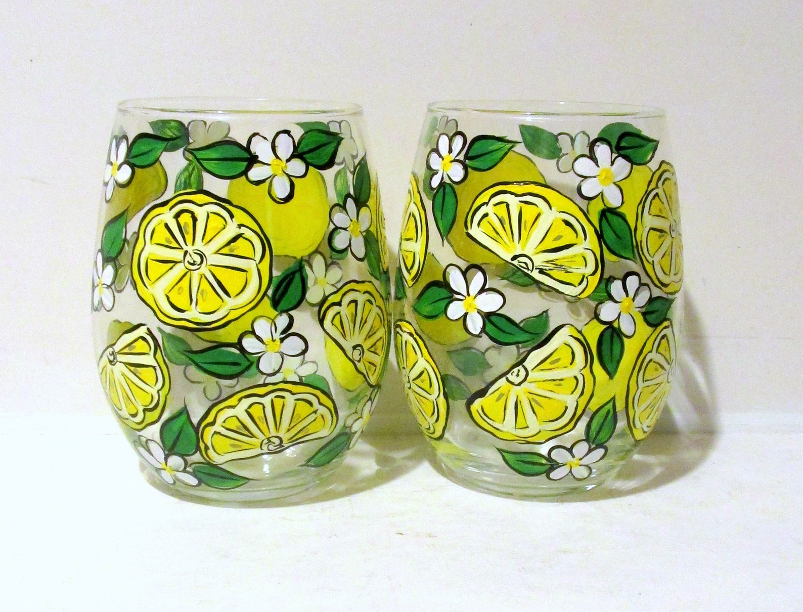 Fun Lemons Hand Painted Set of 2 21 Oz. Stemless Wine | Etsy
