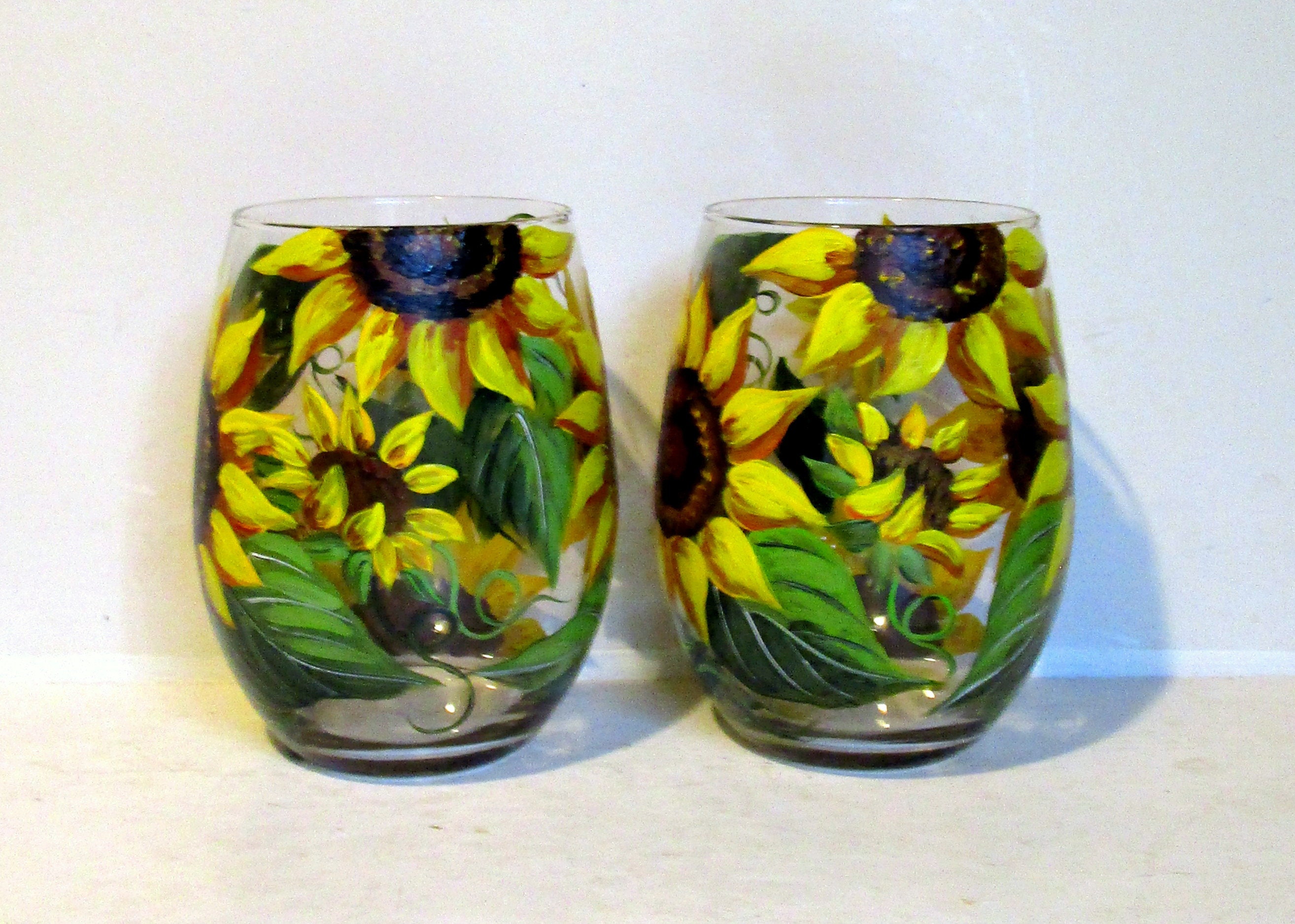 Sunflowers Hand Painted Set of 2 - 21 Oz. Stemless Wine Glasses, Fall ...