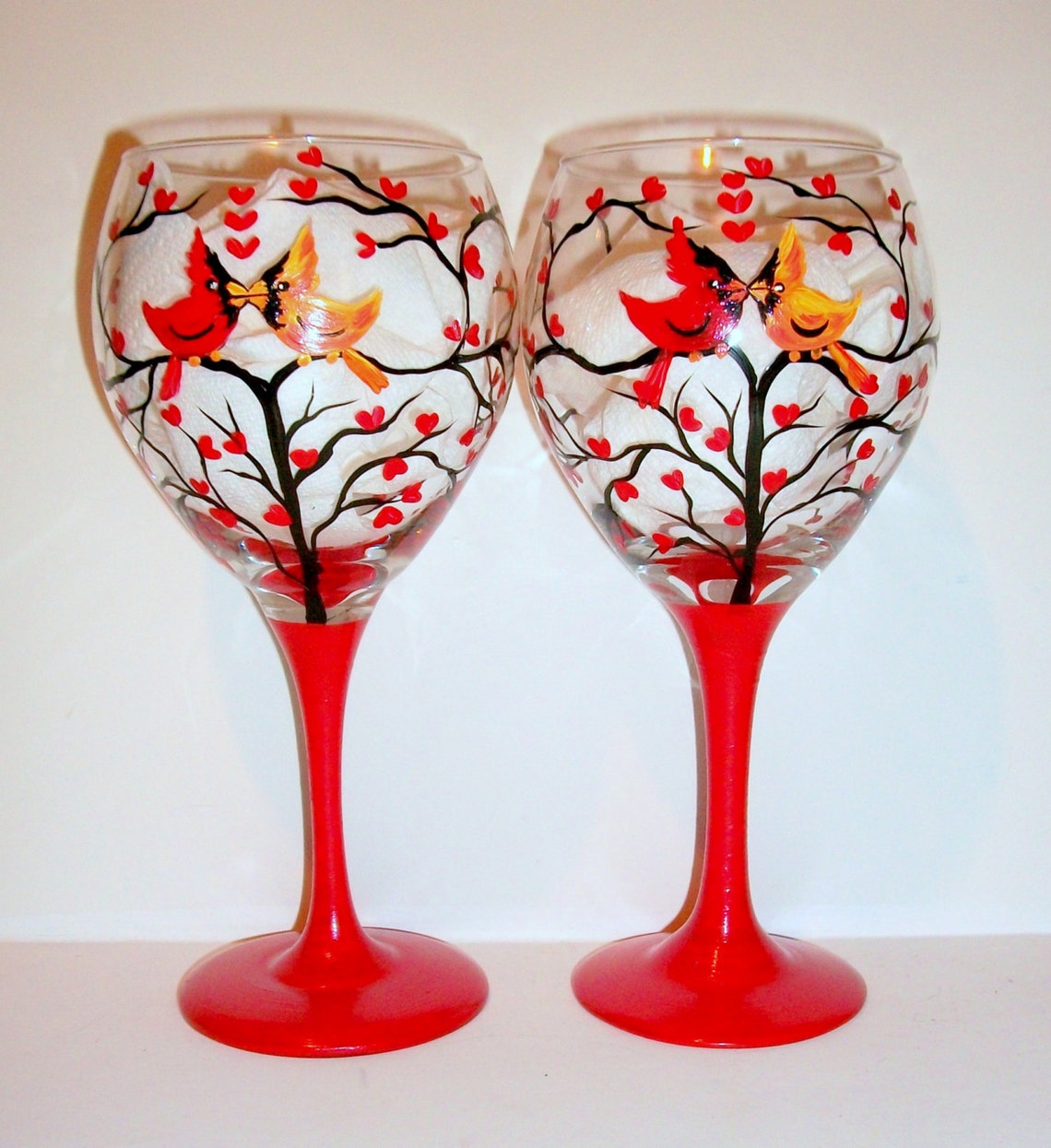 Cardinals Hand Painted Wine Glasses Love Birds Set of 2 20 | Etsy