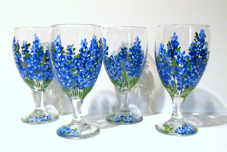 Bluebonnets Hand Painted Tea Glasses Set of 4 - 16 Oz. Texas State ...