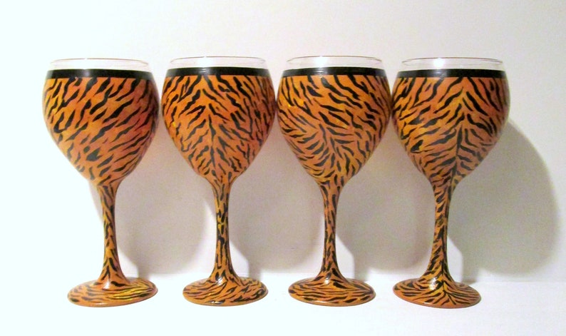 Tiger Animal Print Set 4 20 Oz Hand Painted Wine Goblets - Etsy