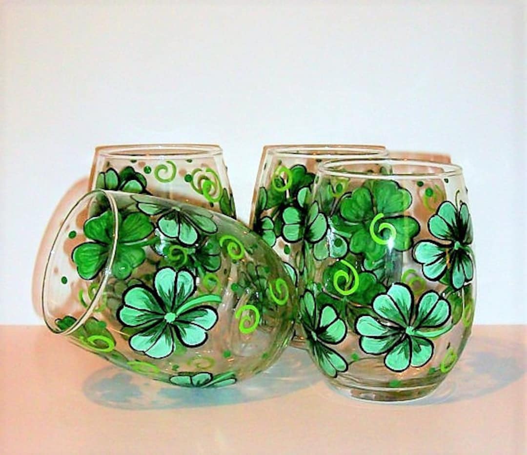 Shamrock or 4 Leaf Clover St.patricks Day Set of 4 21 Oz. Stemless Wine ...