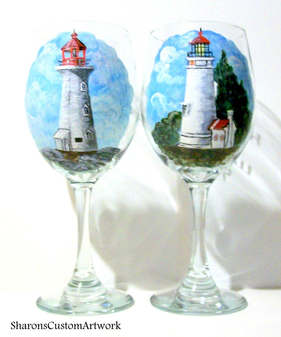 Lighthouses Set of 2 -20 Oz. Wine Glasses Hand Painted Lighthouse ...