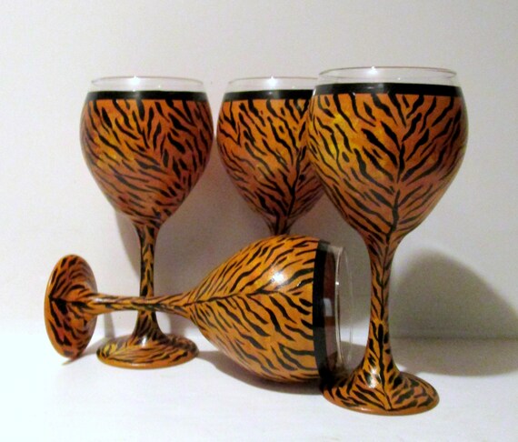 Tiger Animal Print Set 4 20 Oz Hand Painted Wine Goblets | Etsy