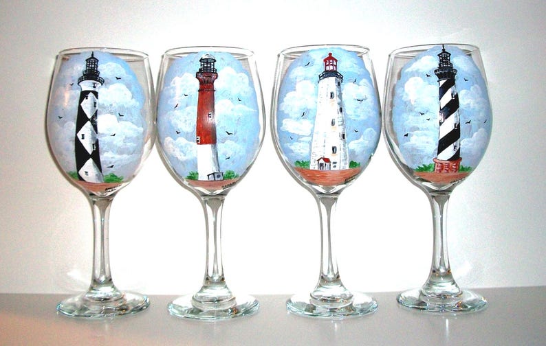 Lighthouses Hand Painted Wine Glasses Painted Wine Glasses Set of 4 20 ...