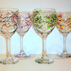 4 Seasons Hand Painted Wine Glasses Set - 4 -20 Oz Red Wine Goblets the ...