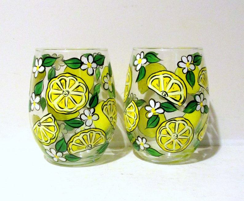Fun Lemons Hand Painted Set of 2 - 21 Oz. Stemless Wine Glasses, Summer ...
