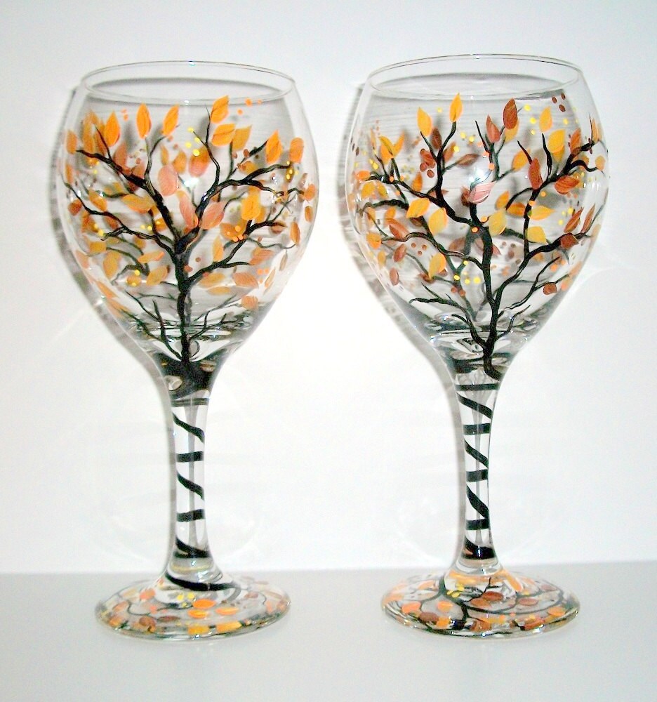 Fall Leaves Fall Trees Red Wine Goblets Hand Painted Set of 2 | Etsy