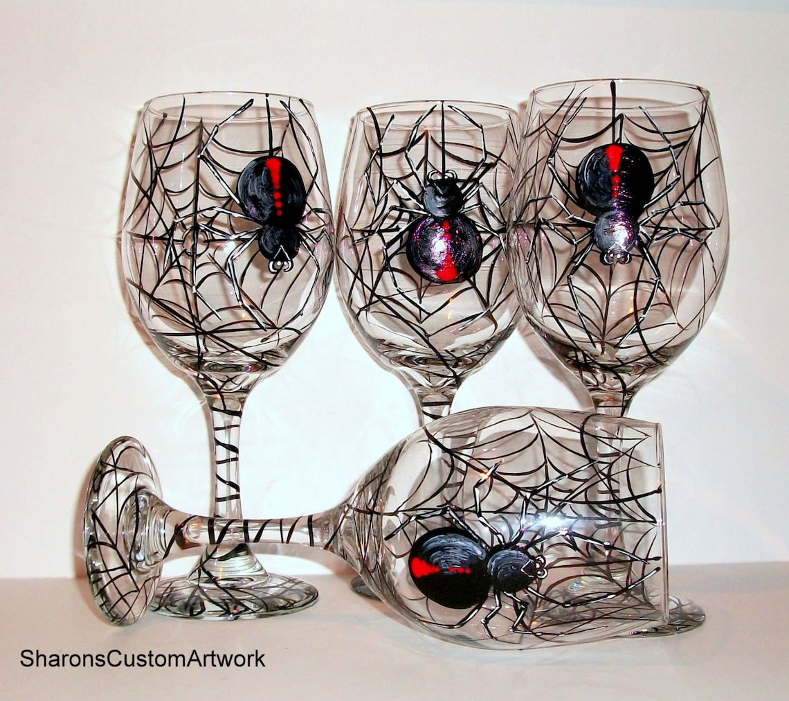 Black Widow Spider Glasses - Set of 4 Hand Painted Halloween Wine ...