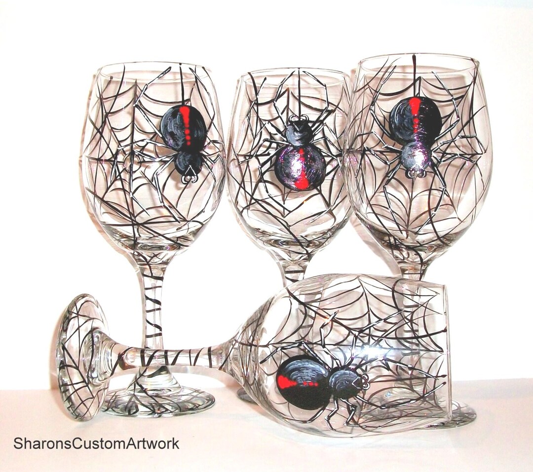 Black Widow Spiders Halloween Glassware Hand Painted Wine Glasses ...