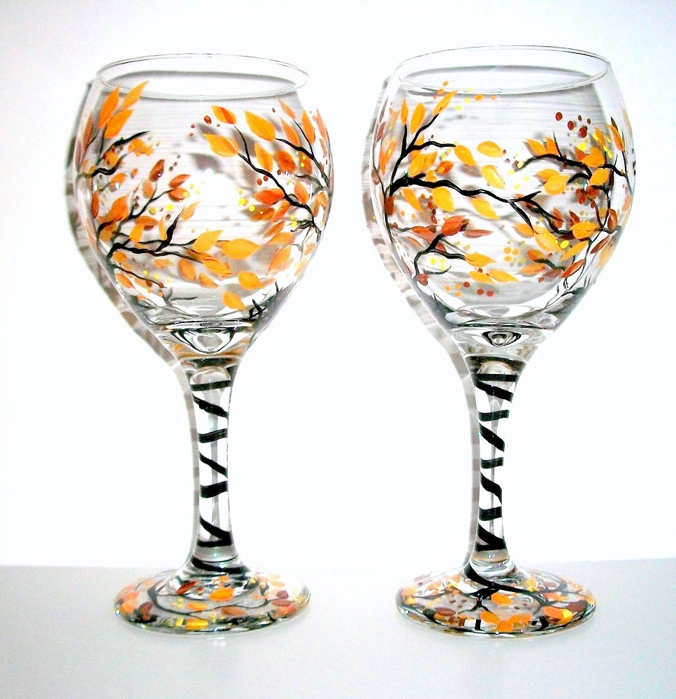 Fall Leaves Fall Trees Red Wine Goblets Hand Painted Set of 2 | Etsy