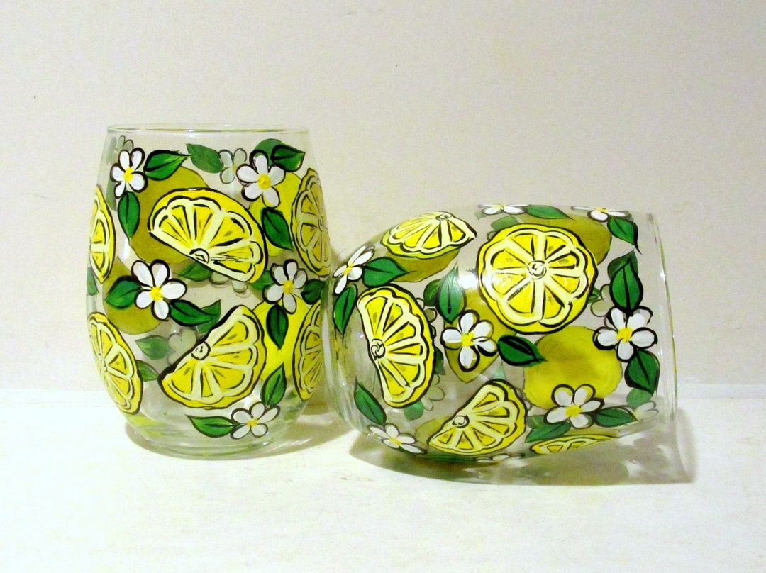 Fun Lemons Hand Painted Set of 2 21 Oz. Stemless Wine Glasses, Summer ...