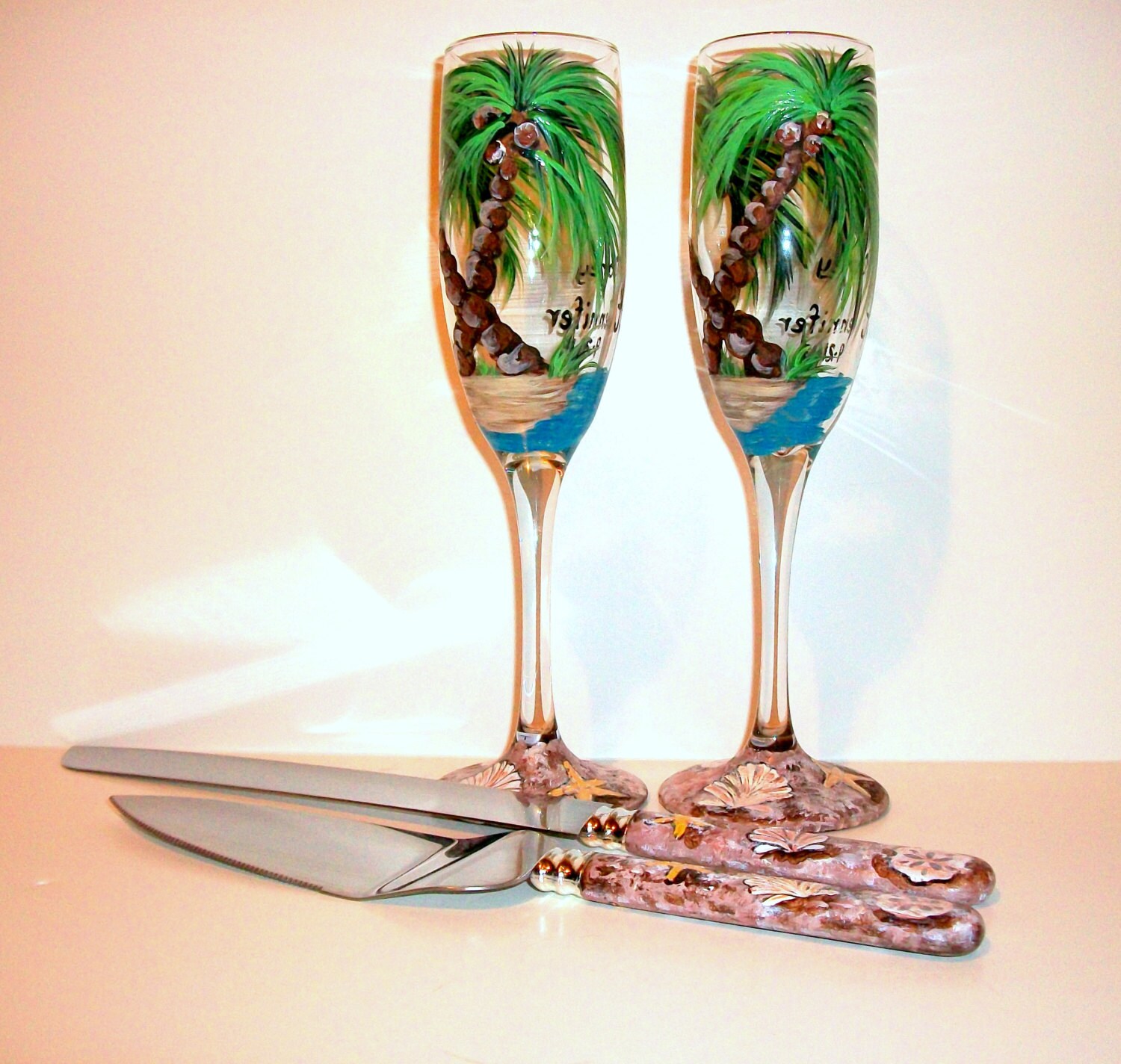 Palm Trees and Sea Shells Champagne Flutes and Cake Knife and - Etsy