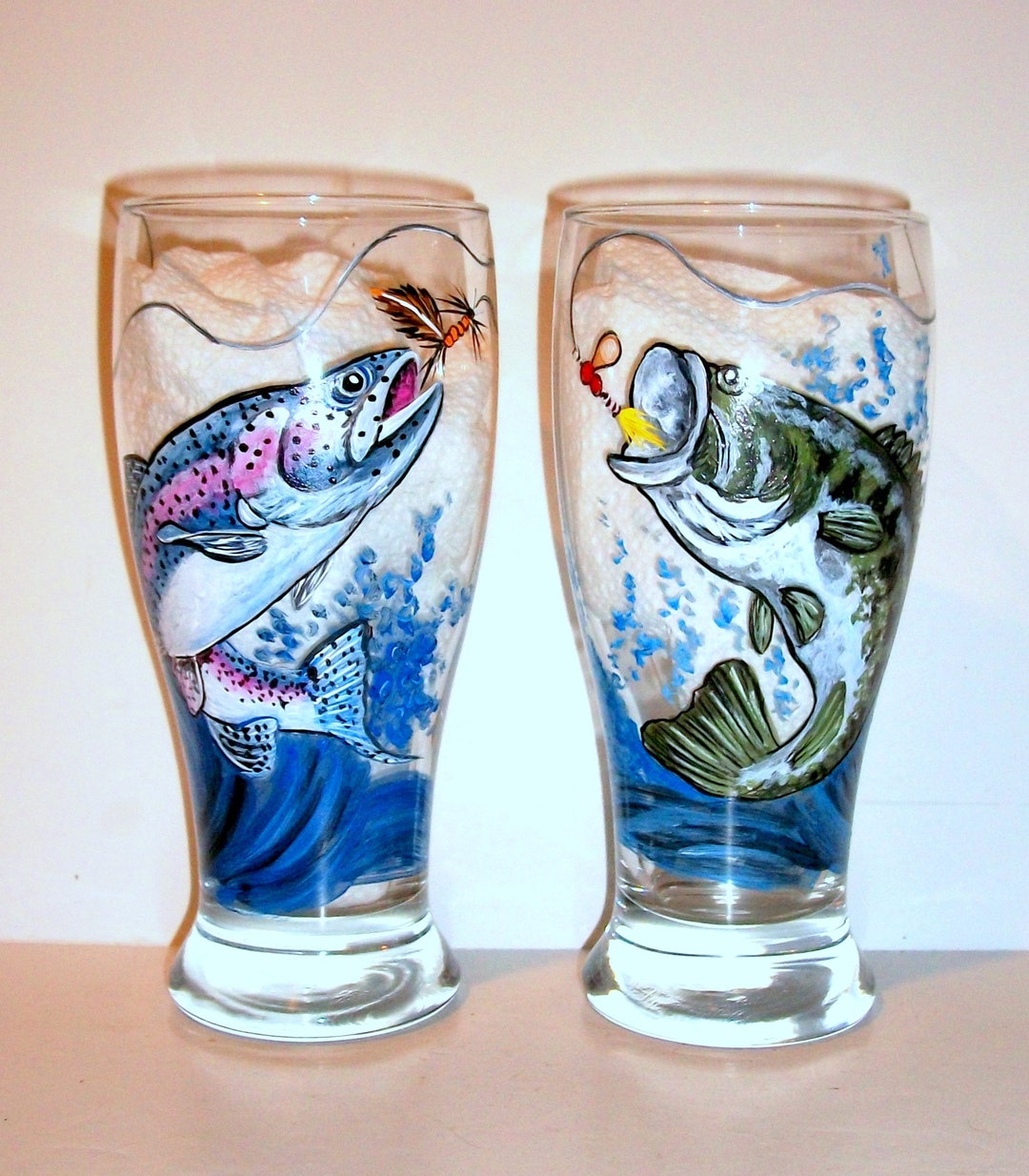 Bass & Rainbow Trout Jumping Fish Choice of 2-19 Oz Beer Glasses ...