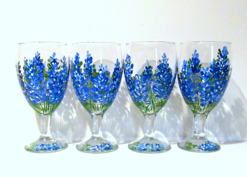 Bluebonnets Hand Painted Tea Glasses Set of 4 - 16 Oz. Texas State ...