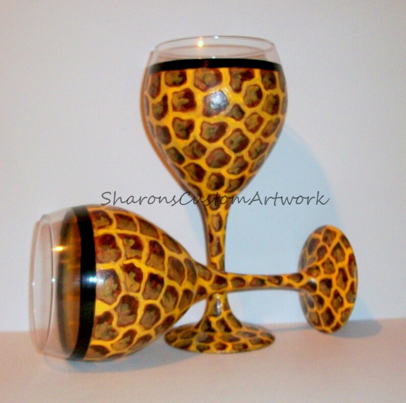 Giraffe Animal Print Set 2 20 Oz Hand Painted Wine Goblets | Etsy