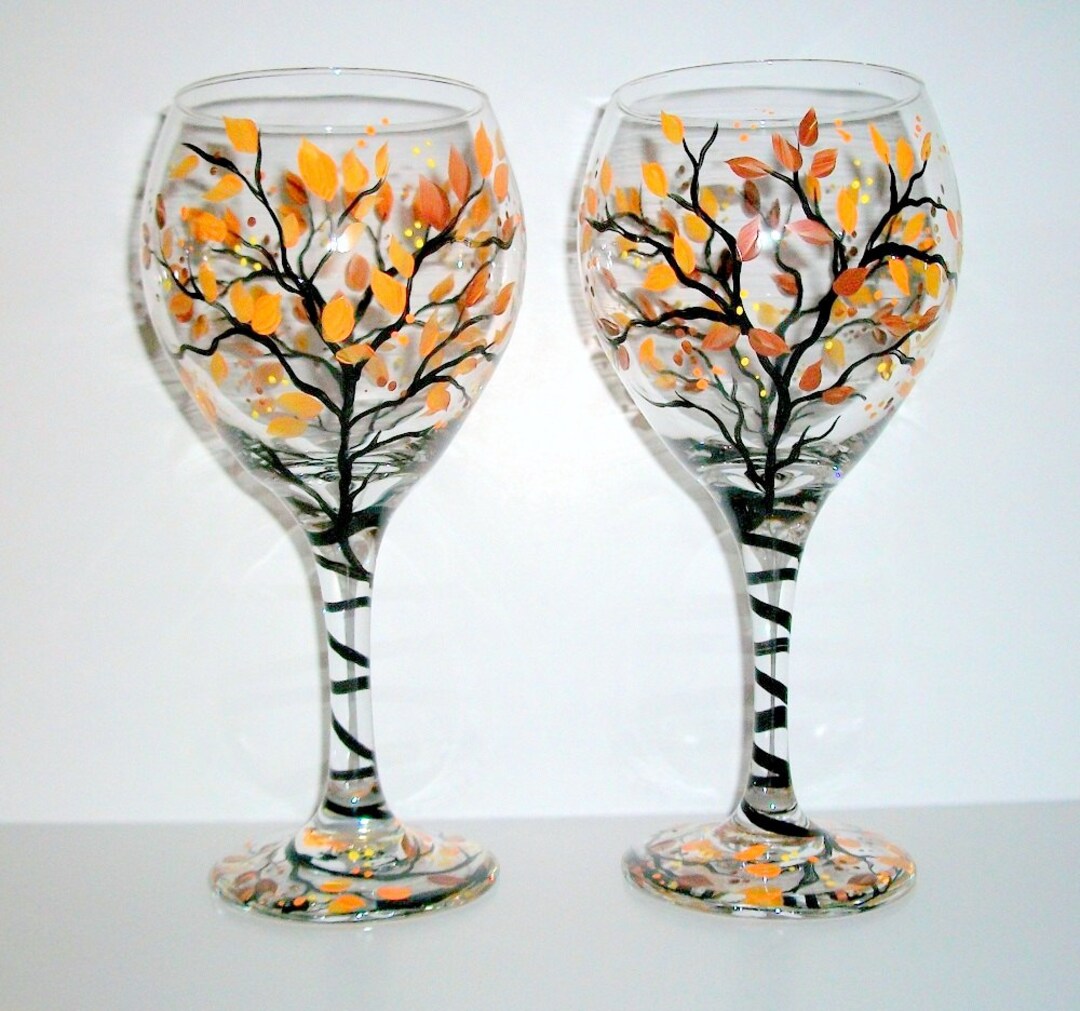 Fall Leaves Fall Trees Red Wine Goblets Hand Painted Set of 2 20 Oz ...