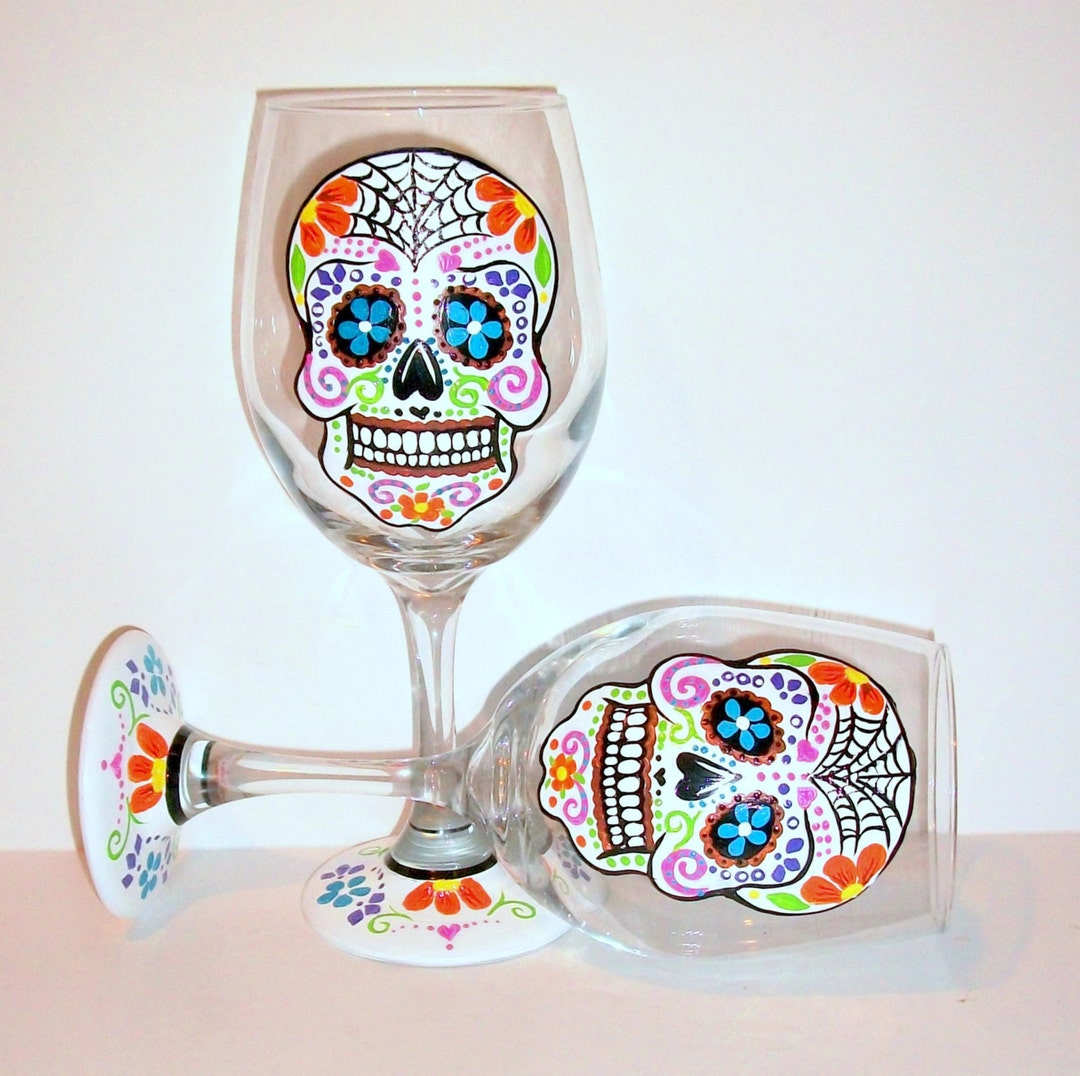 Sugar Skull Hand Painted Wine Glasses Set of 2 - Dia De Los Muertos ...