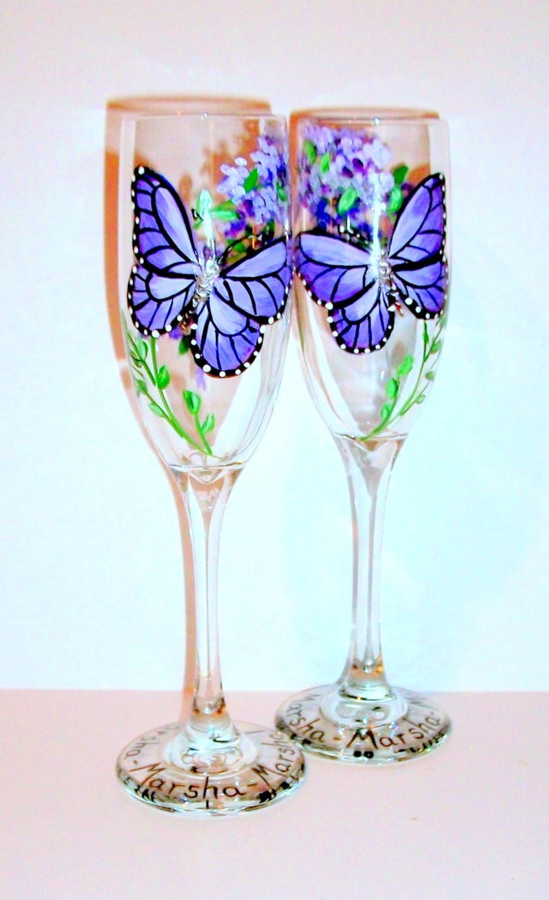 Purple Butterflies and Wisteria Hand Painted Champagne Flutes Set of 2 ...