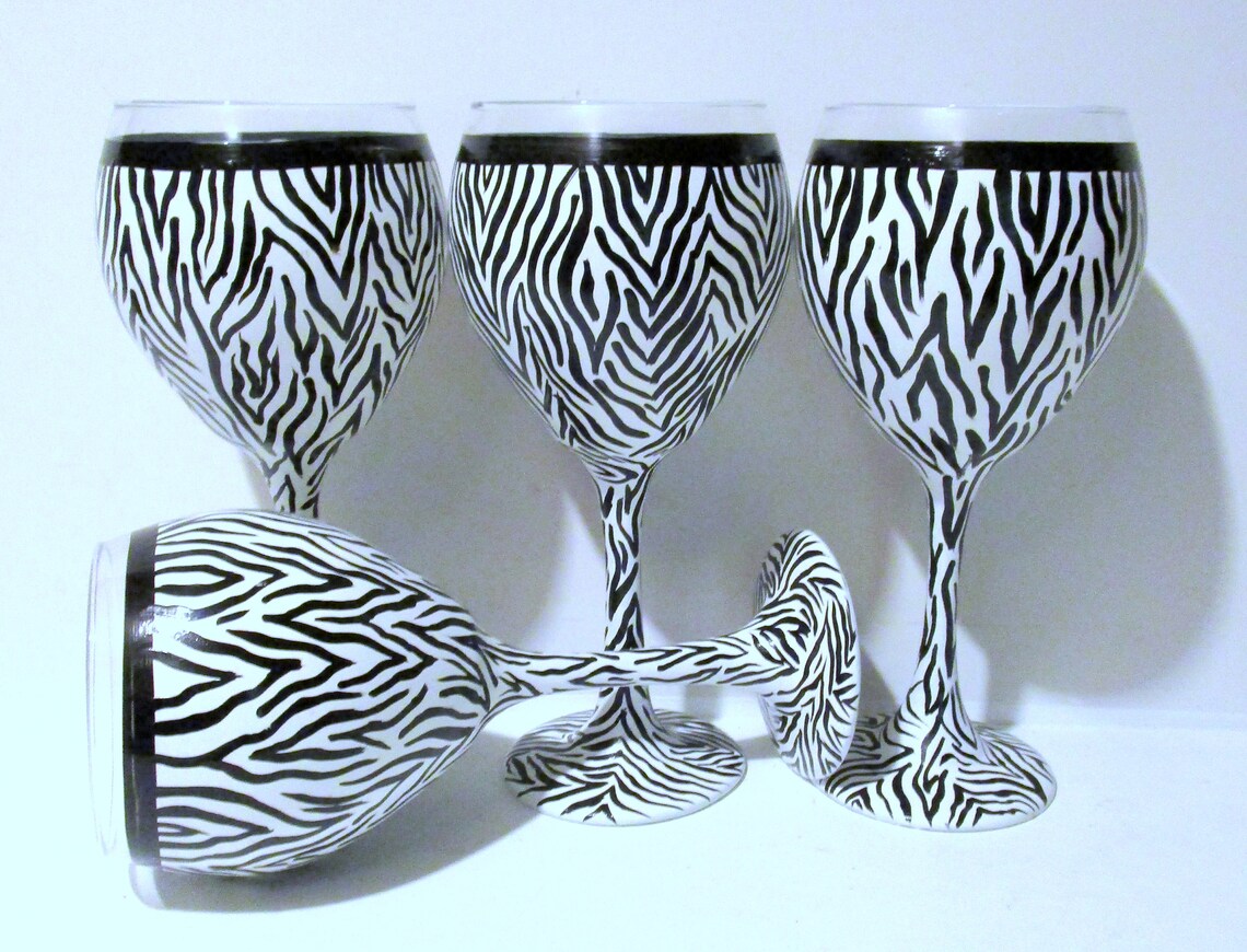 Zebra Animal Print Set 4 20 Oz Hand Painted Wine Goblets - Etsy