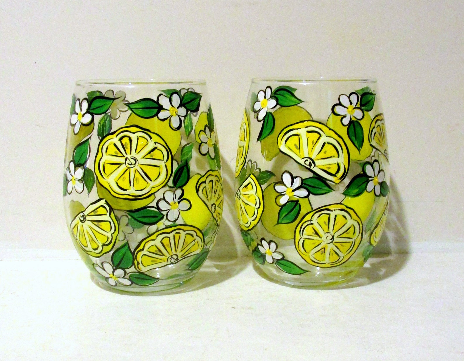 Fun Lemons Hand Painted Set of 2 21 Oz. Stemless Wine | Etsy