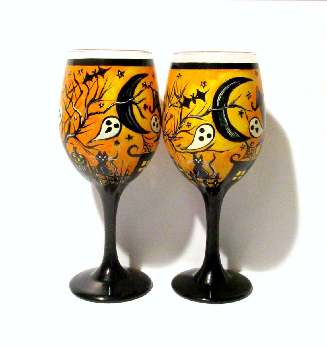 Haunted House and Ghosts Moon Bat Black Cat Jack-o-lantern - Etsy