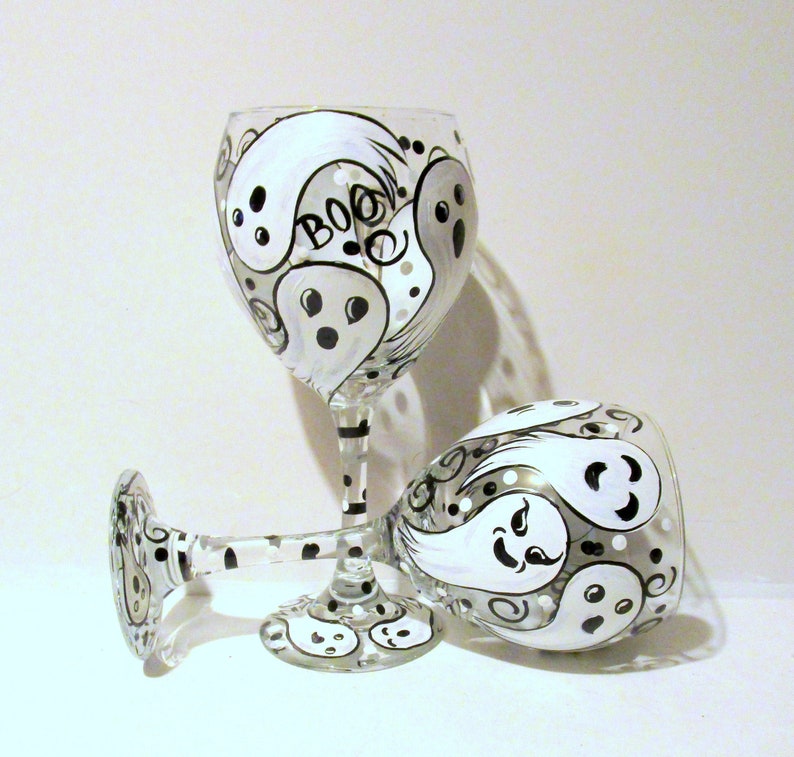 Ghosts With Polka Dots & Swirls Halloween Hand Painted Wine - Etsy