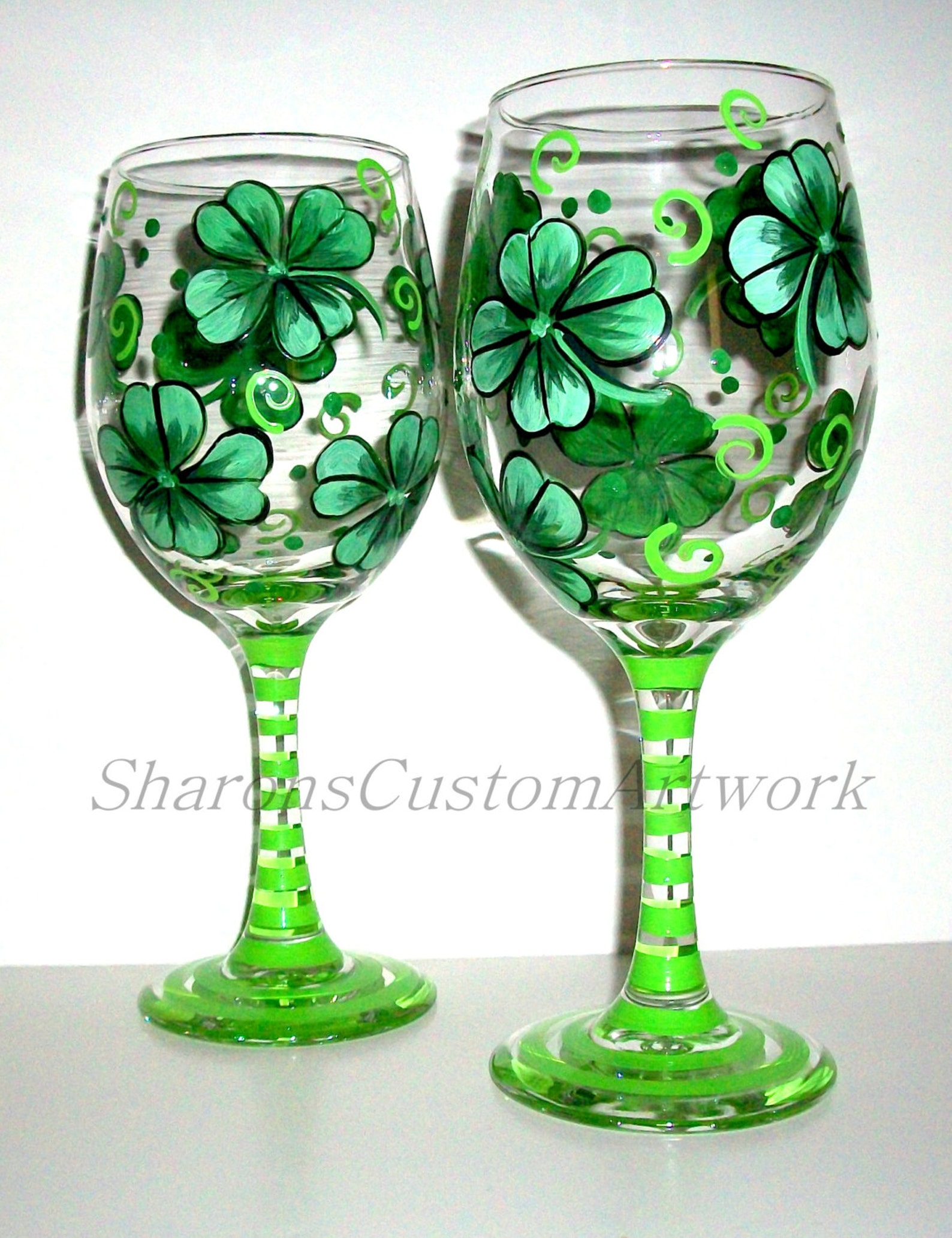 St. Patrick's Day Shamrocks 4 Leaf Clover Hand Painted Wine Glasses Set ...