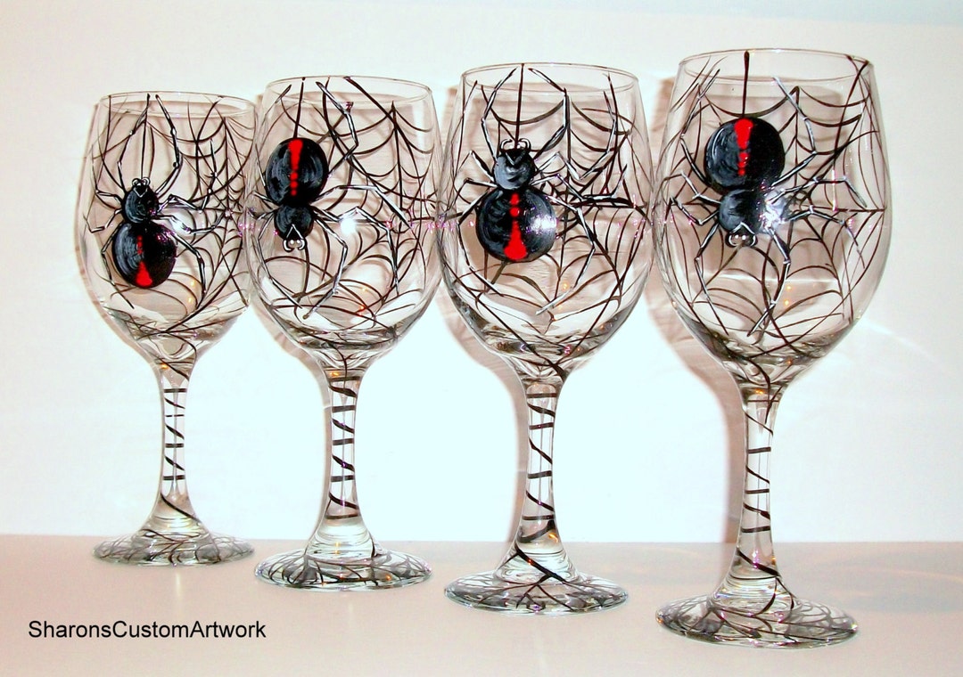 Black Widow Spiders Halloween Glassware Hand Painted Wine Glasses ...
