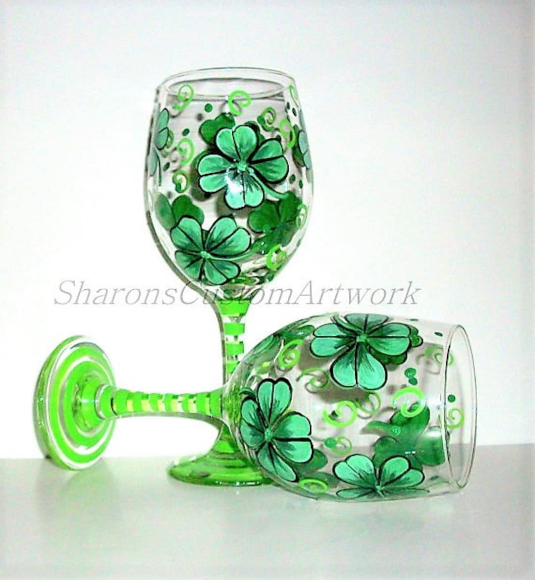 Shamrocks 4 Leaf Clover St.patrick's Day Hand Painted Set of 2- 20 Oz ...