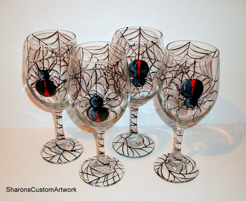 Black Widow Spider Glasses - Set of 4 Hand Painted Halloween Wine ...