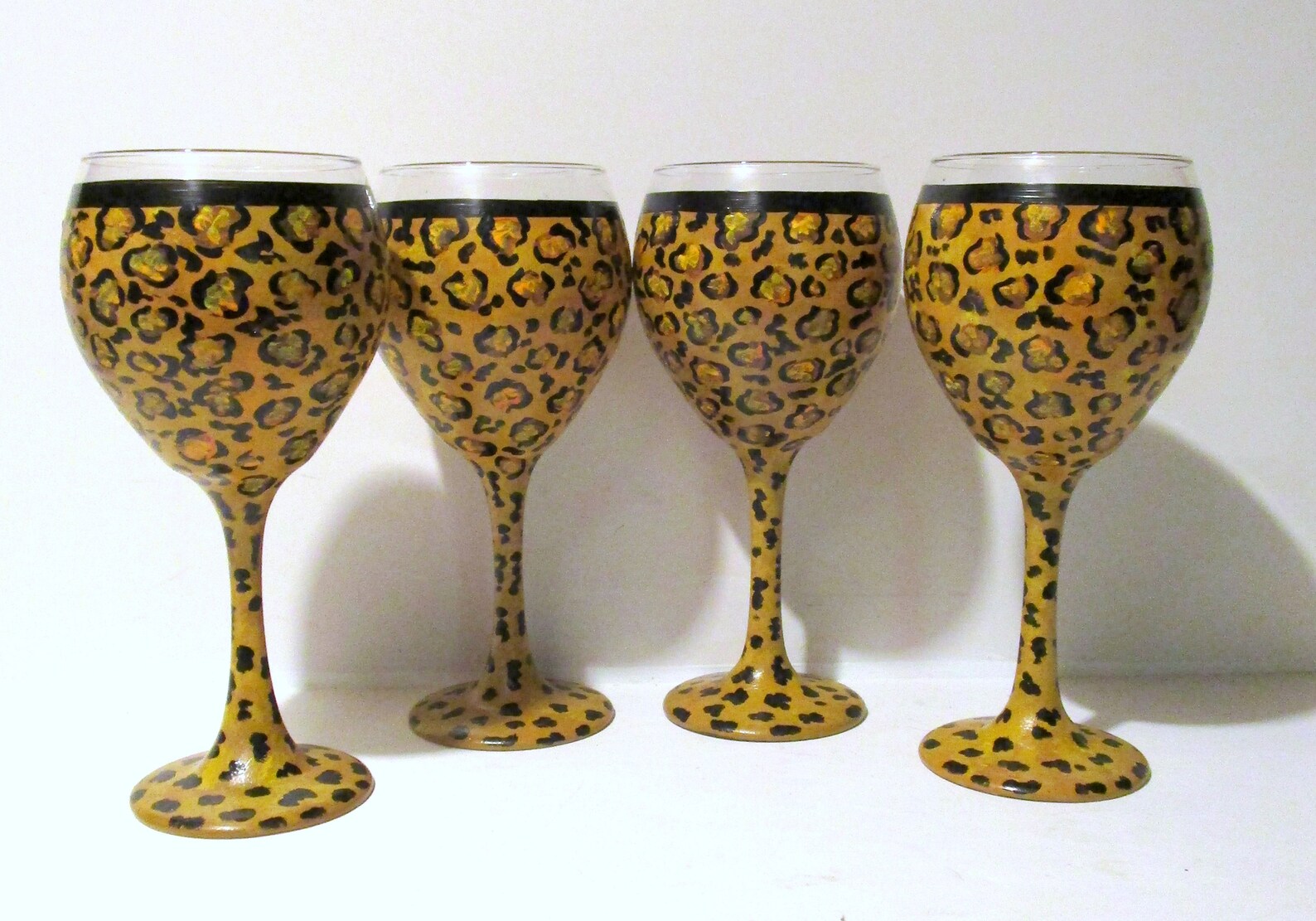 Leopard Animal Print Set - 4 20 Oz Hand Painted Wine Glasses Jungle ...