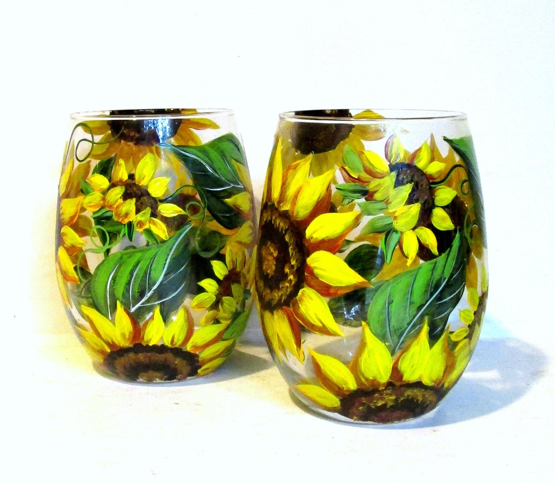 Sunflowers Hand Painted Set of 2 - 21 Oz. Stemless Wine Glasses, Fall ...