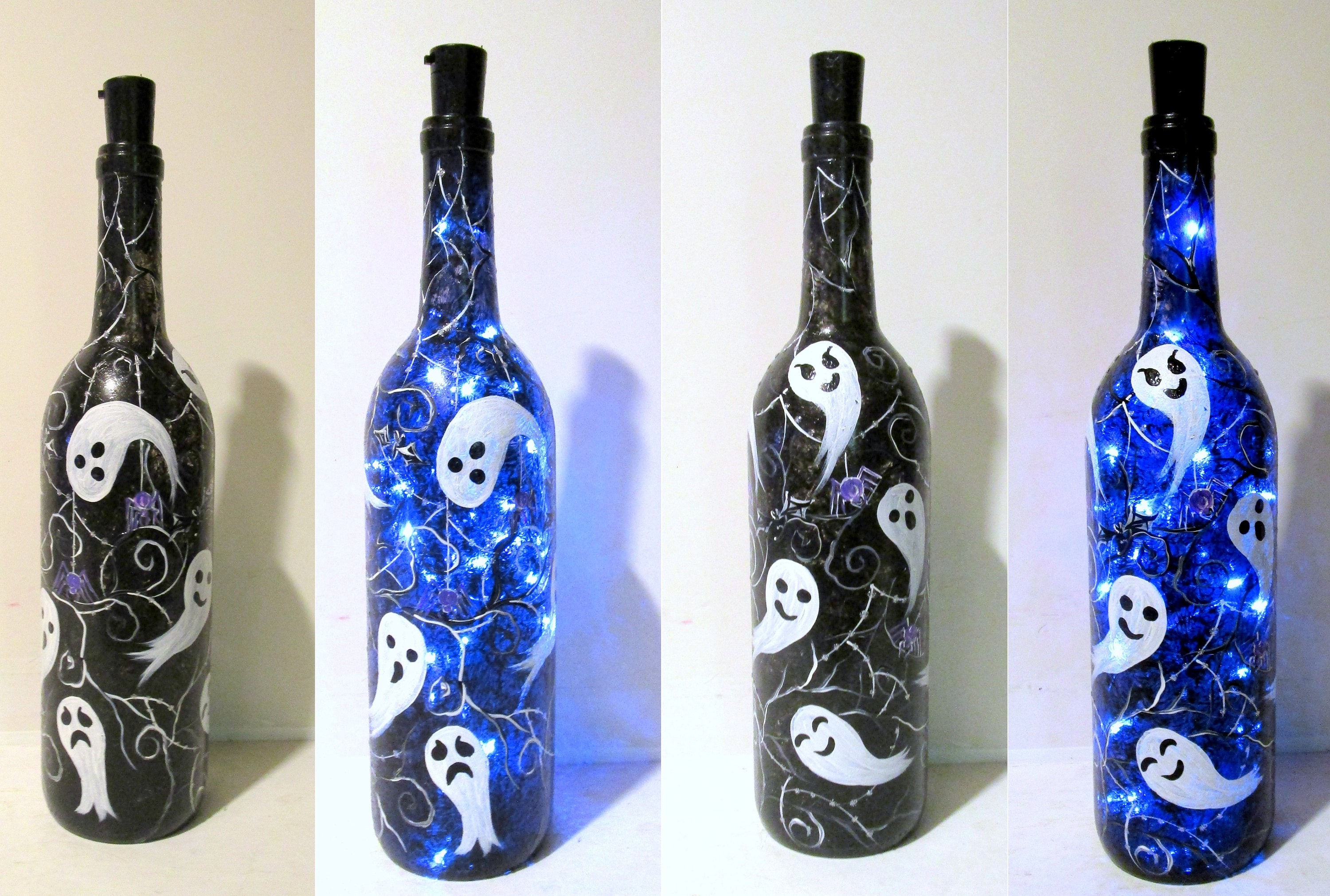 Hand Painted Lighted Halloween Wine Bottle: Ghosts, Spiders & Bats - Etsy