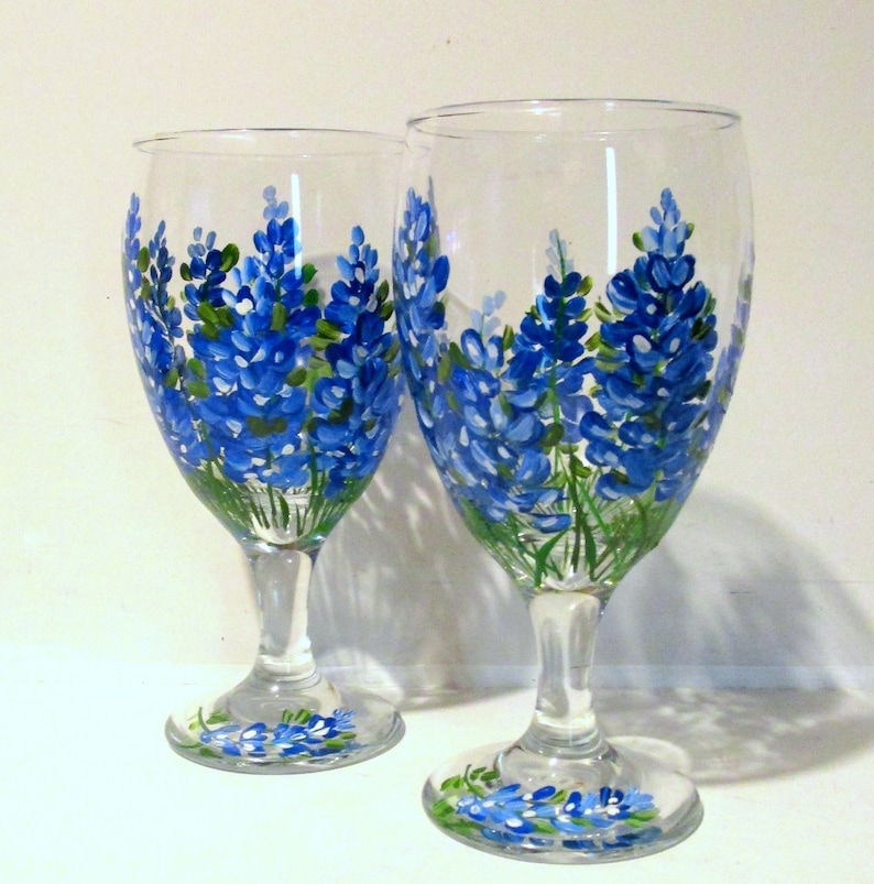 Bluebonnets Hand Painted Tea Glasses Set of 2 - 16 Oz. Texas State ...