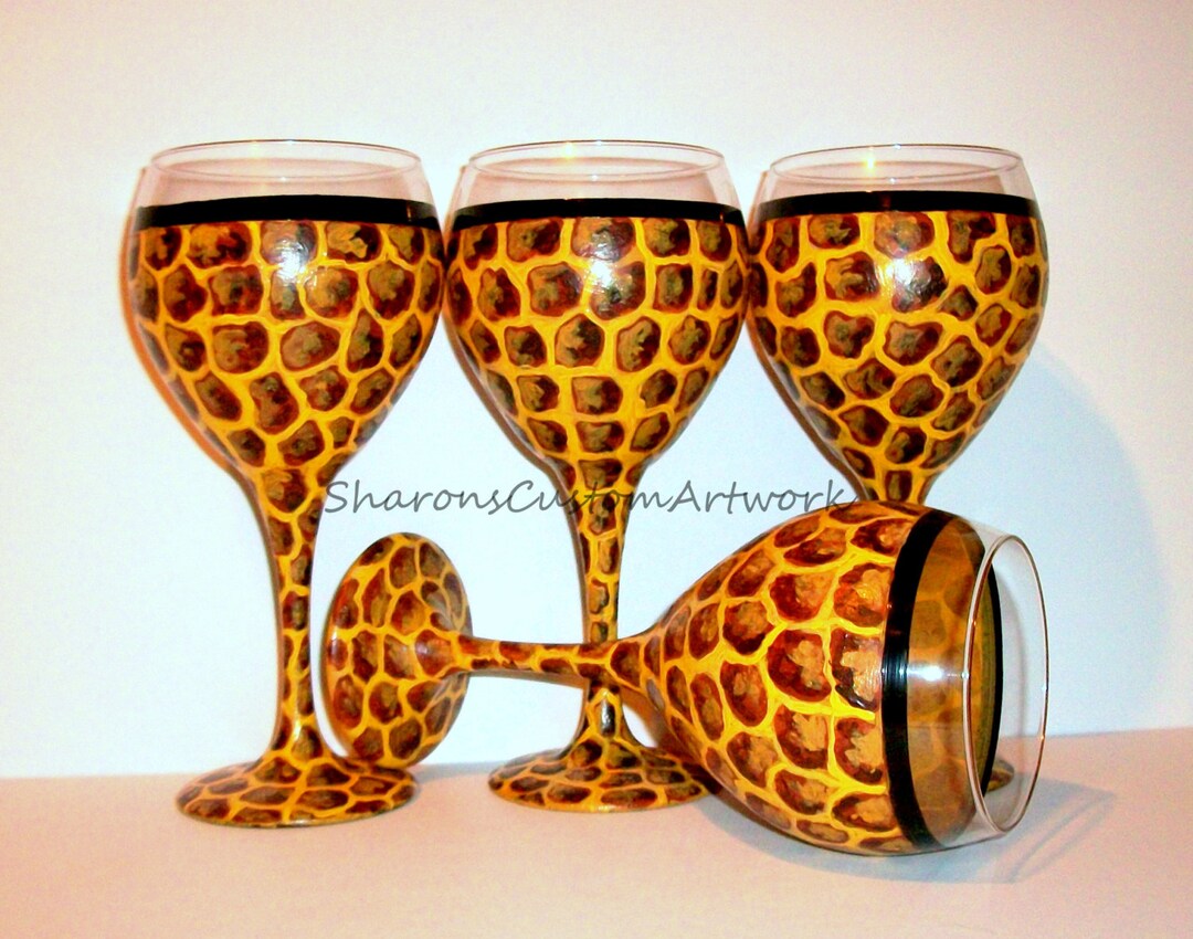 Giraffe Animal Print Set - 4 - 20 Oz Hand Painted Wine Glasses Jungle ...
