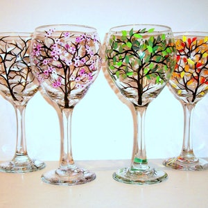 4 Seasons Hand Painted Wine Glasses Set - 4 -20 Oz Red Wine Goblets the ...