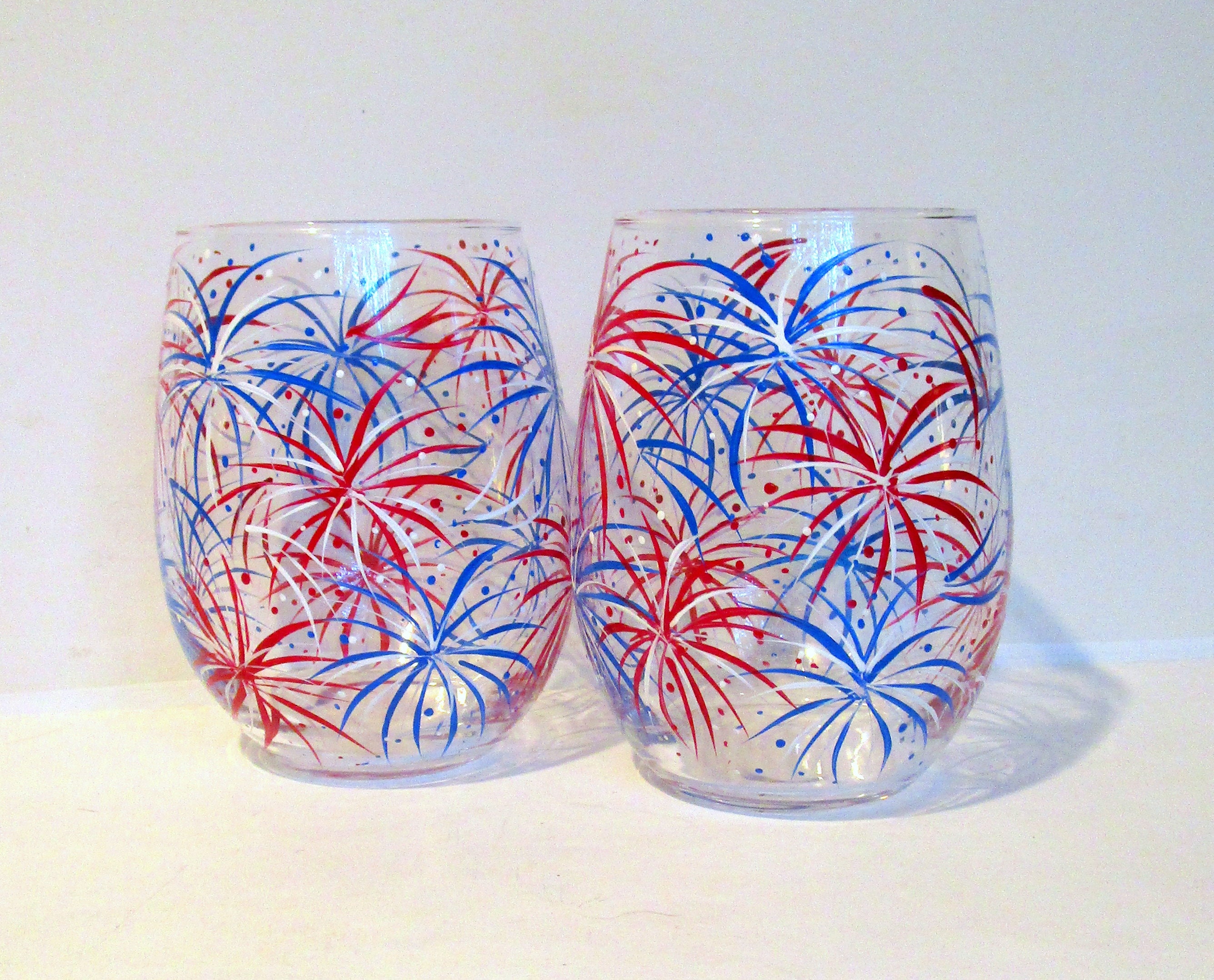 July Fourth Fireworks Hand Painted Set of 2 20 oz. Stemless | Etsy