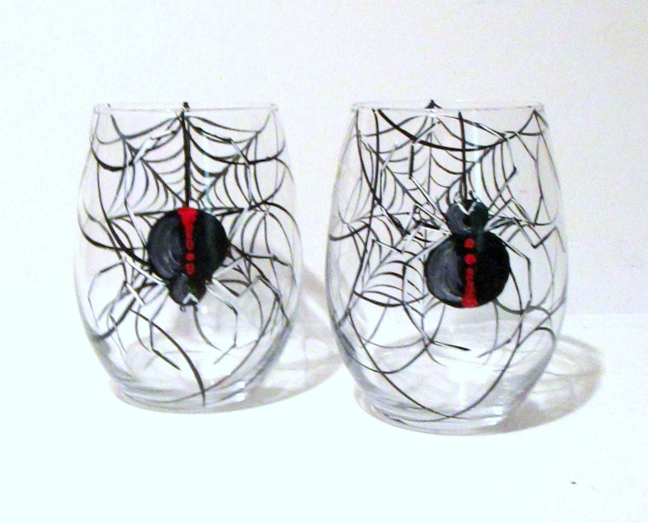 Black Widow Spiders Hanging Web Halloween Hand Painted Stemless Wine ...