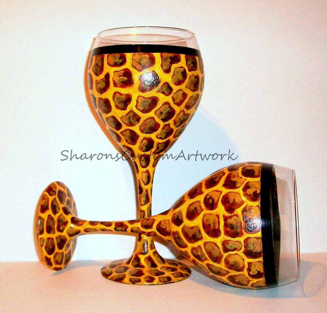 Giraffe Animal Print Set - 2 -20 Oz Hand Painted Wine Goblets Painted ...