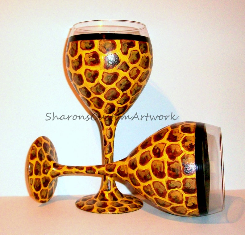 Giraffe Animal Print Set 2 20 Oz Hand Painted Wine Goblets | Etsy