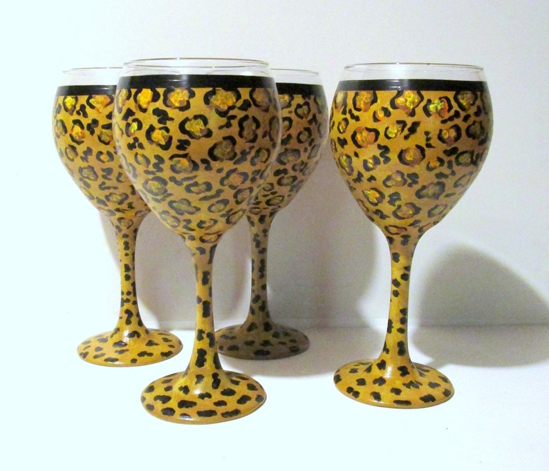 Leopard Animal Print Set - 4 20 Oz Hand Painted Wine Glasses Jungle ...