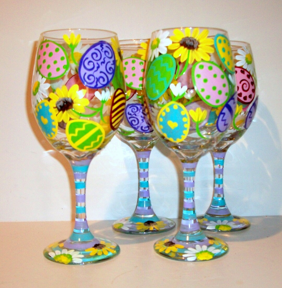 Easter Eggs & Daisies Yellow Sunflowers Hand Painted Easter Glasses Set ...