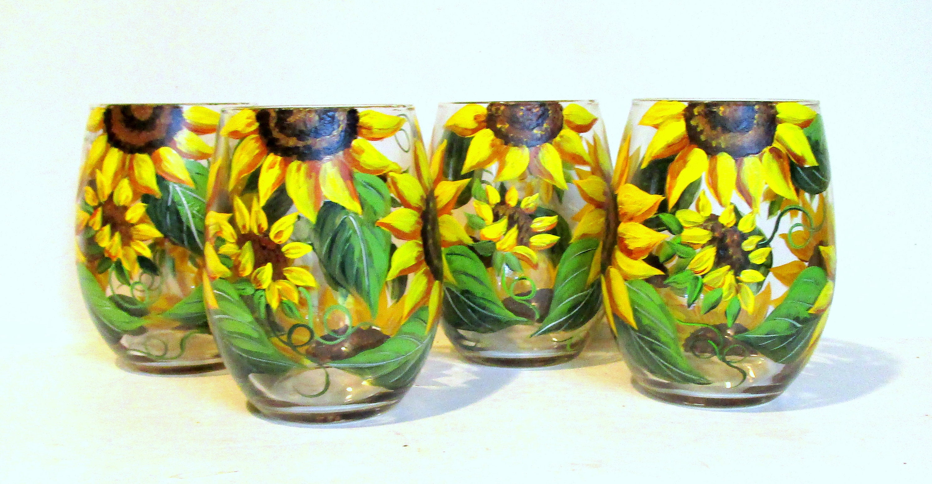 Sunflowers Hand Painted Set of 4 - 21 Oz. Stemless Wine Glasses, Fall ...