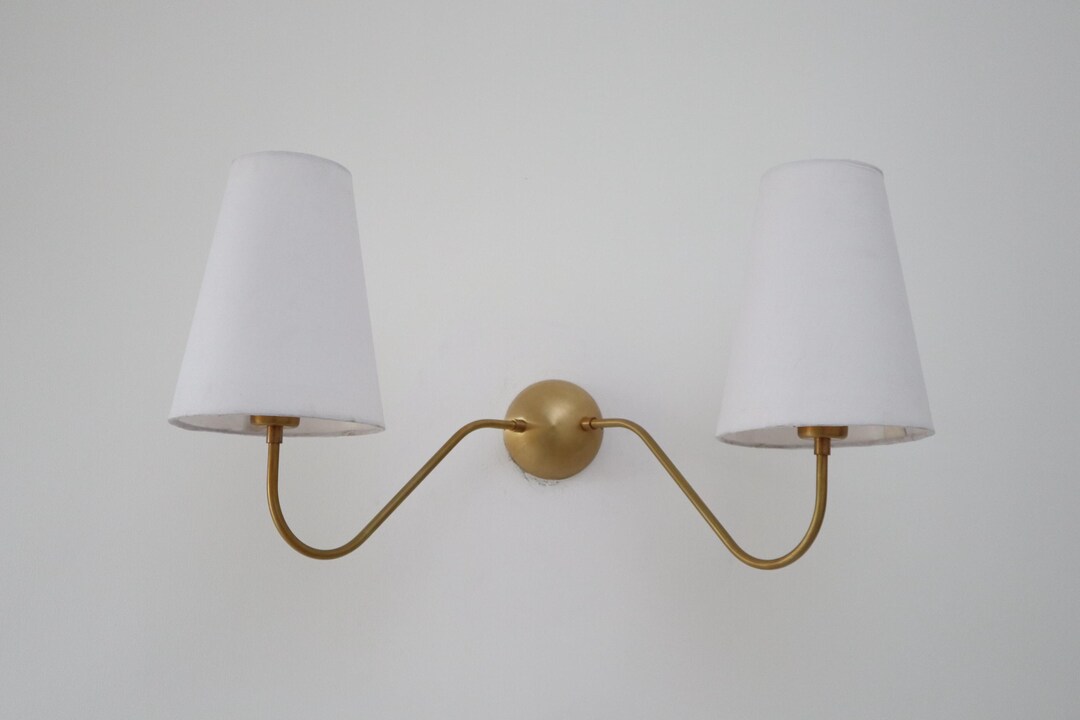 Elegant 2 Arm Wall Lamp With Double Shades Vintage Brass Mid Century ...