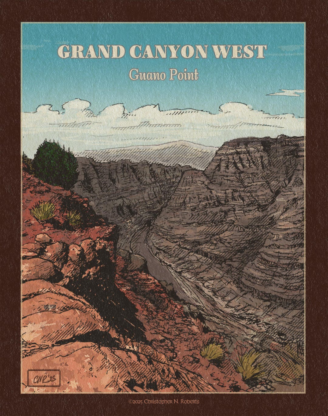 Grand Canyon West Rim - Guano Point Western Landscape - Hand Drawn ...