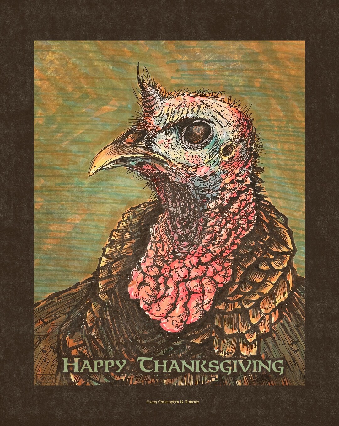 Tom Turkey Portrait Illustrated in Pen and Ink - Elegant Thanksgiving ...