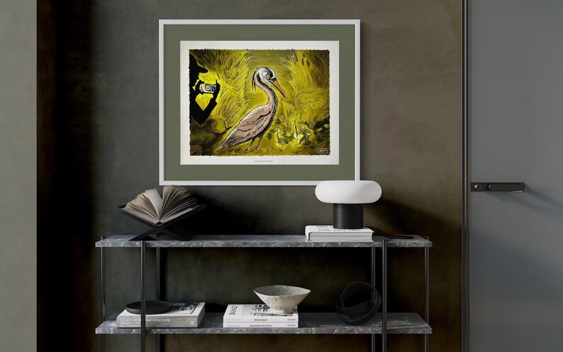 Blue Heron, Bird Watcher & Bull Frogs Illustration Pen and Ink Nature ...